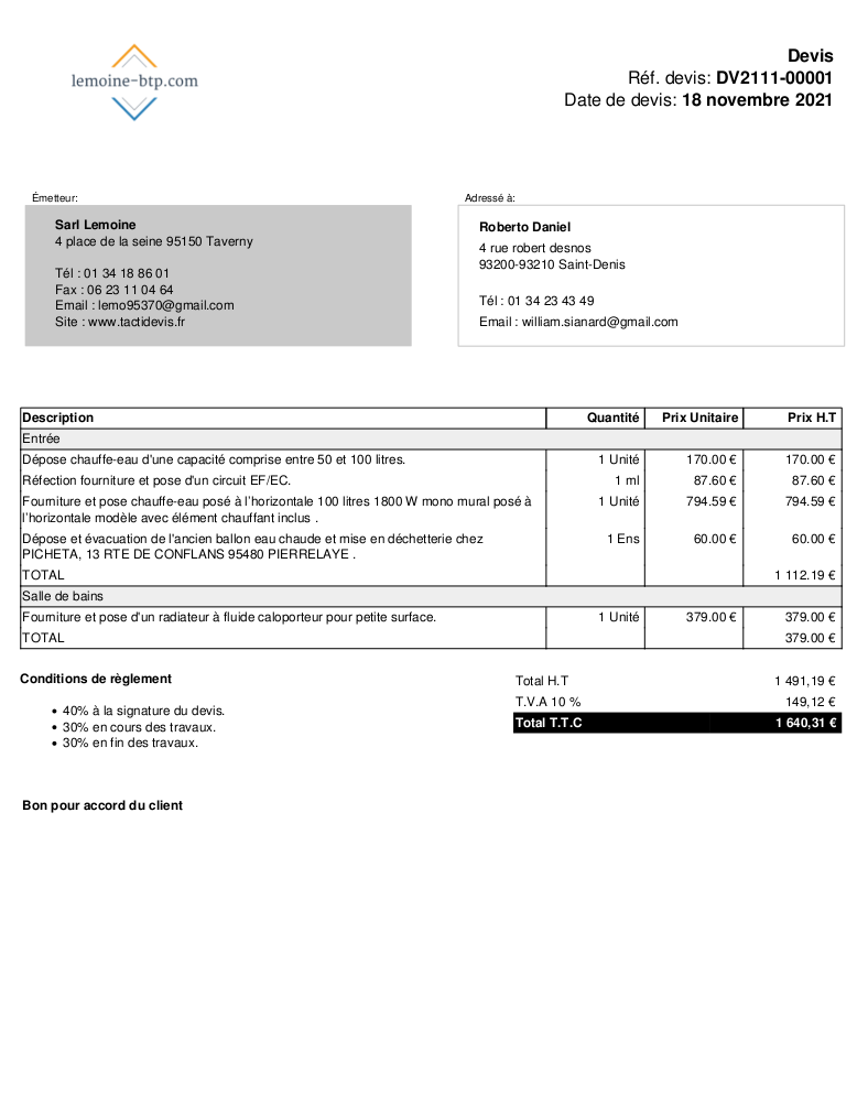 Exemple de devis travaux rénovation chauffe-eau| Tactidevis